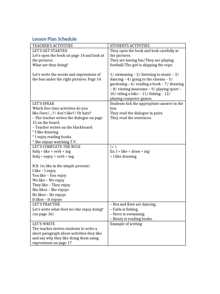 Engaging Lesson Plan for Free Time Activities | PDF