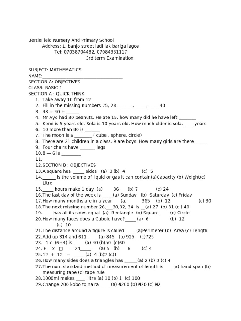 Basic 1 Mathematics Exam Paper | PDF | Area