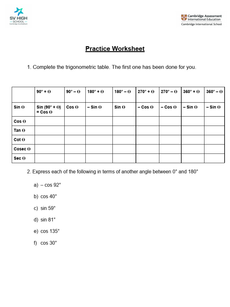 Trigonometric Functions Practice Worksheet | PDF