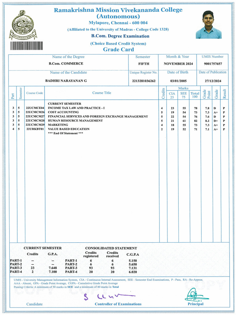 Semester 5 Marksheet | PDF