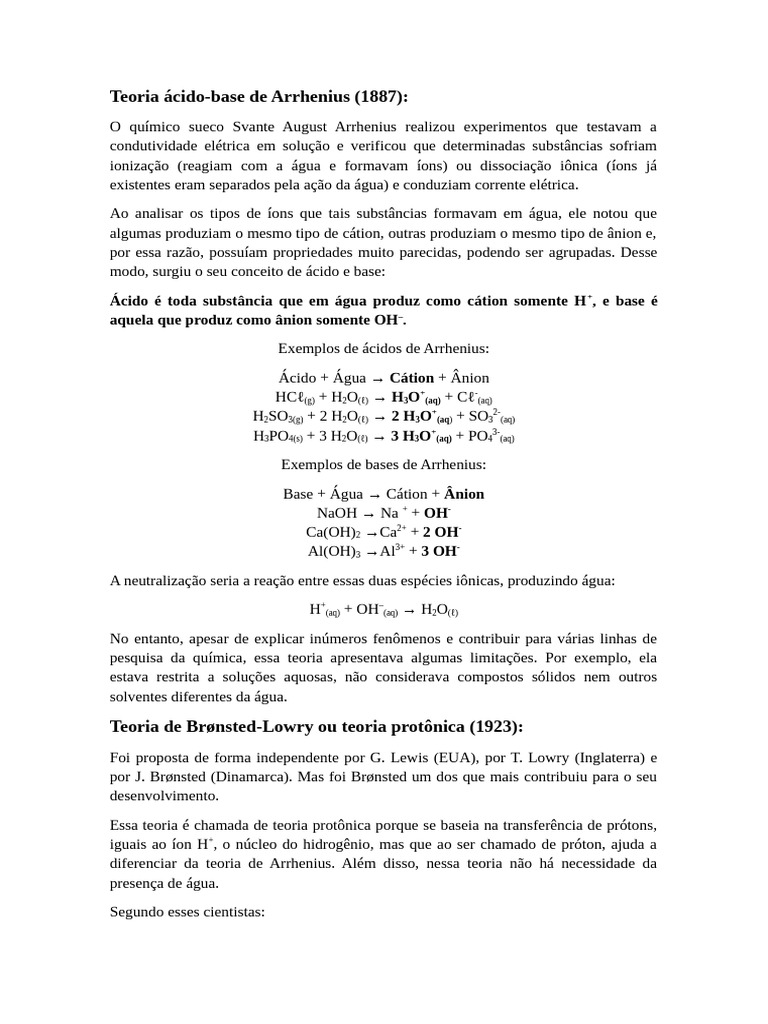 Teorias Ácido-Base: Arrhenius, Brønsted e Lewis | PDF | Ácido | Próton