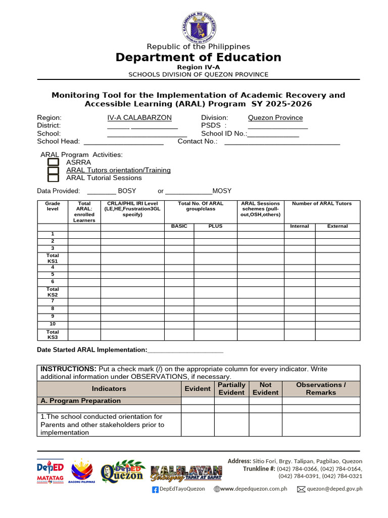ARAL Program Monitoring Tool 2025-2026 | PDF | Learning