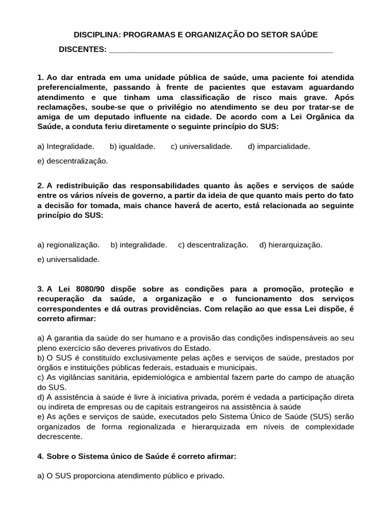 Princípios do SUS e Legislação em Saúde | PDF