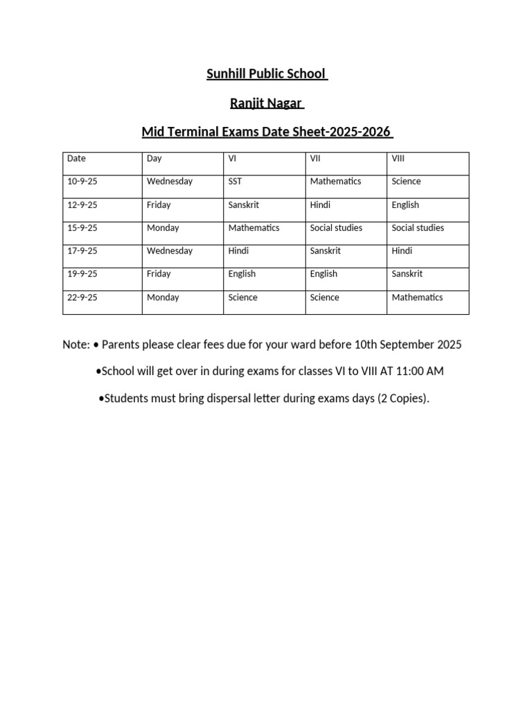 Sunhill School Mid-Term Exam Schedule 2025 | PDF