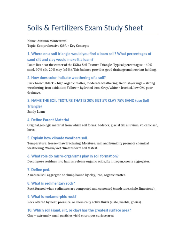Soils & Fertilizers Study Guide | PDF | Soil | Weathering