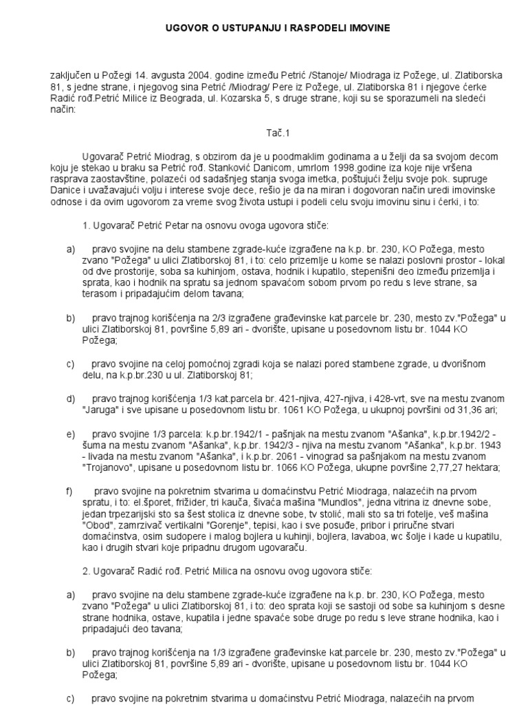 Ugovor o Ustupanju I Raspodeli Imovine Za Života Ostavioca | PDF