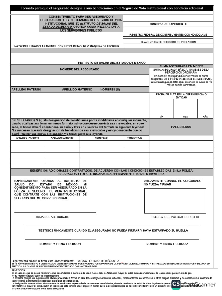 Formato Beneficiarios | PDF | Seguro de vida | Póliza de seguros