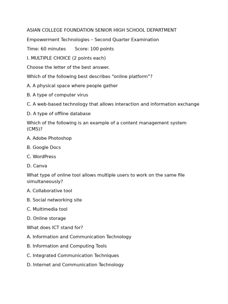 Ict Tos Exam Quarter 2 | PDF | Websites | Databases
