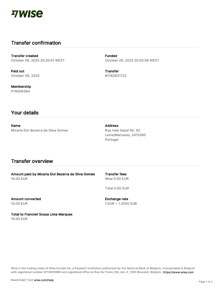 Wise Transfer Confirmation Transfer 1762931722 6503922525 PT | PDF ...
