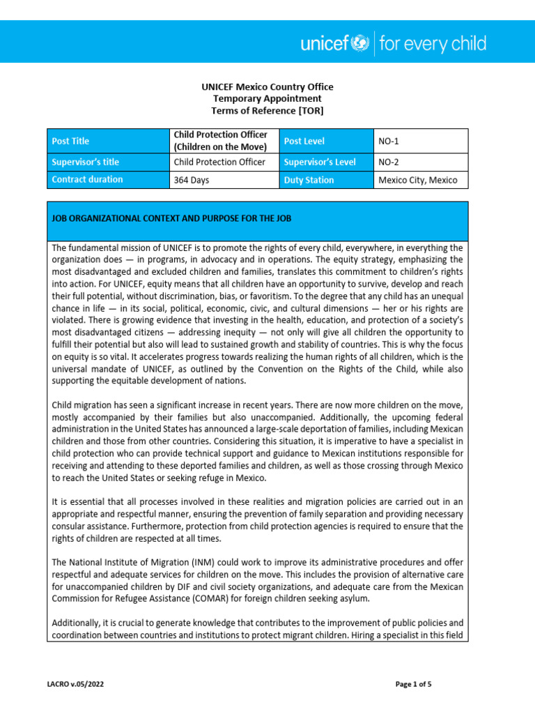 ToRs - Child Protection Officer, (NO-1) - Children On The Move | PDF ...