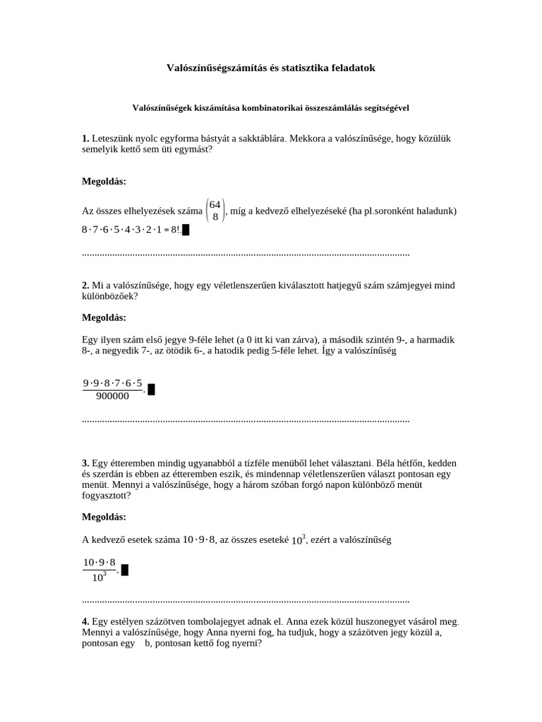 Megoldások Valószínűségszámítás És Statisztika | PDF