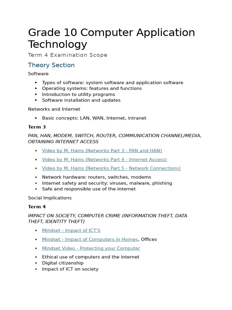Grade 10 CAT Term 4 Exam Scope | PDF | Microsoft Excel | Spreadsheet