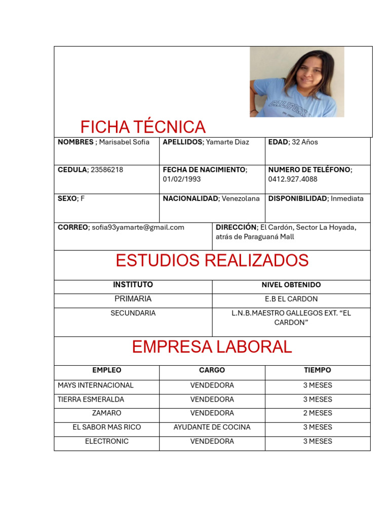 Ficha Técnica de Marisabel Yamarte | PDF