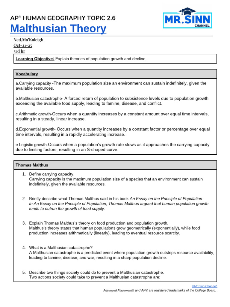 Unit 2 Topic 6 - Malthusian Theory | PDF | Population Growth | Natural ...