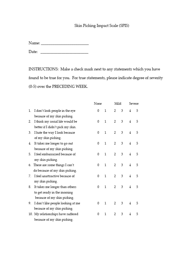 Skin Picking Impact Scale (SPIS) | PDF