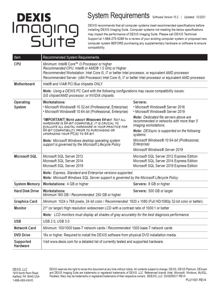 DEXIS Imaging Suite System Requirements | PDF | 64 Bit Computing | Intel