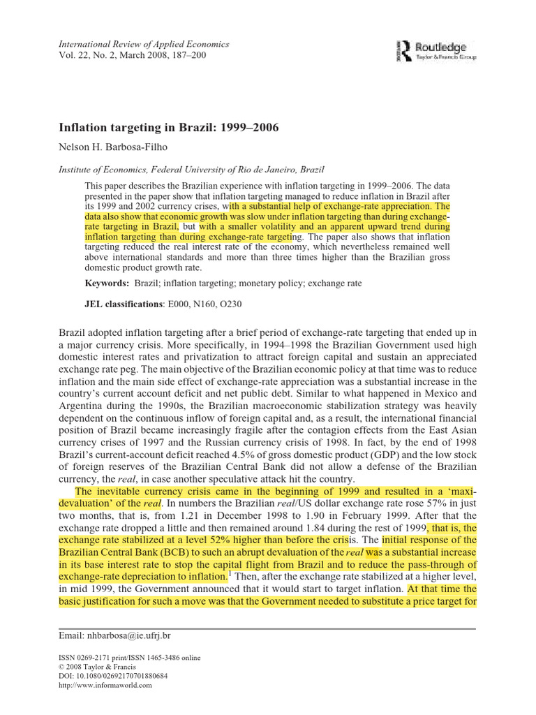 Barbosa Inflation Targeting Brazil | PDF | Exchange Rate | Government ...