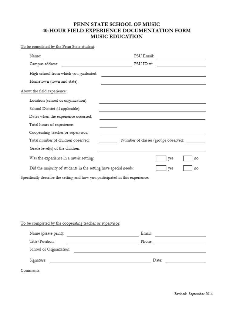 Penn State Music Education Field Experience Form | PDF