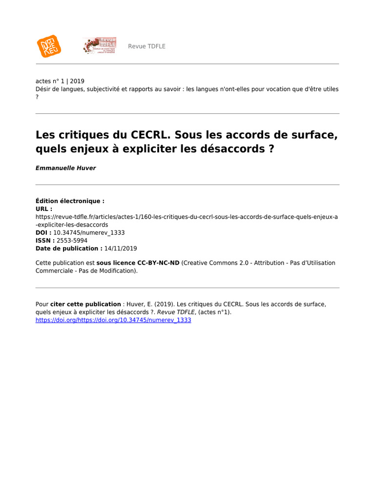 Les Critiques Du CECRL. Sous Les Accords de Surface, Quels Enjeux À ...