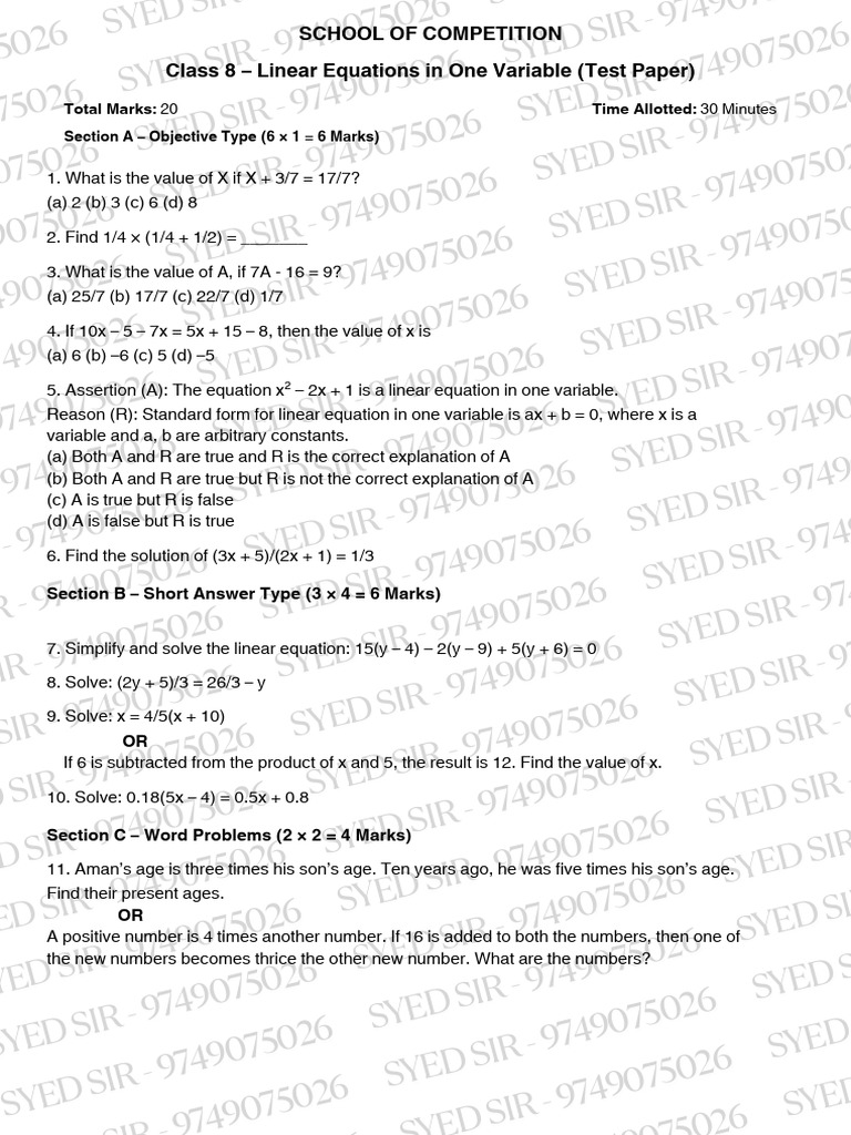 Class 8 Linear Equation Test Paper PDF | PDF | Equations | Mathematical ...