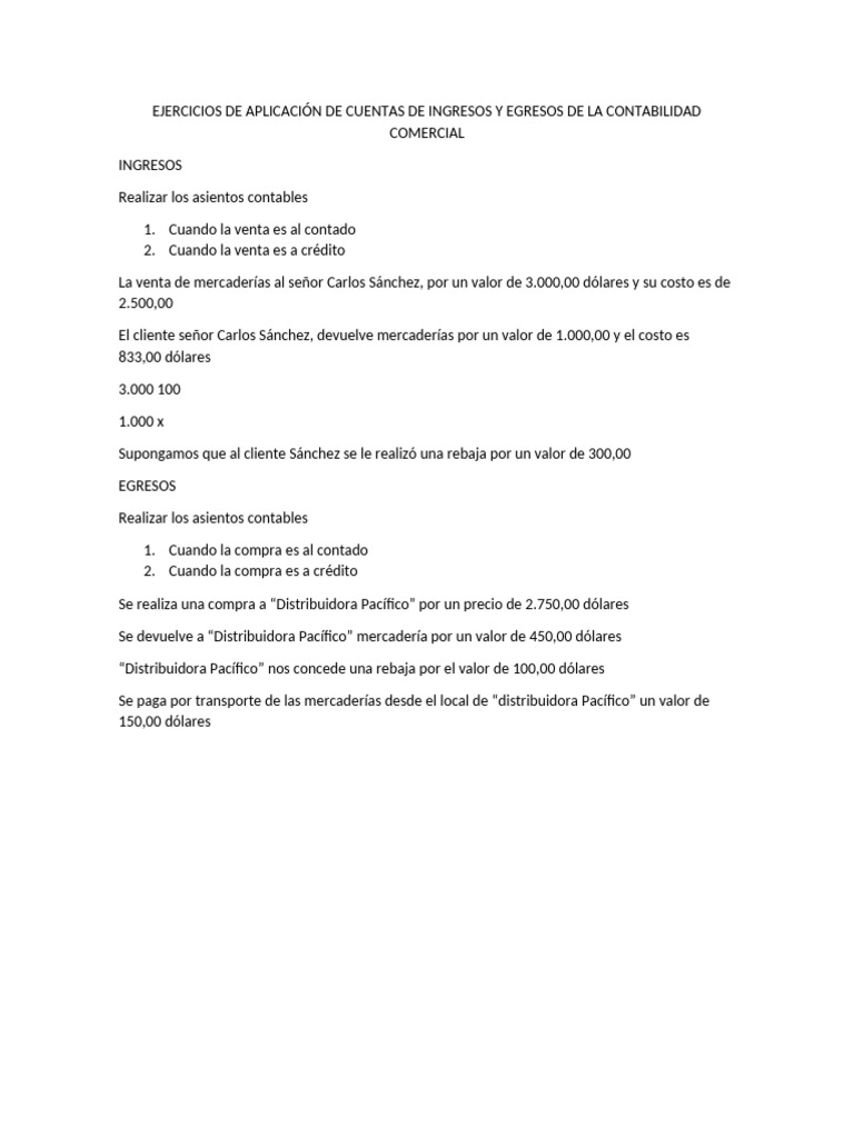 Ejercicios de Aplicación de Cuentas de Ingresos y Egresos de La ...
