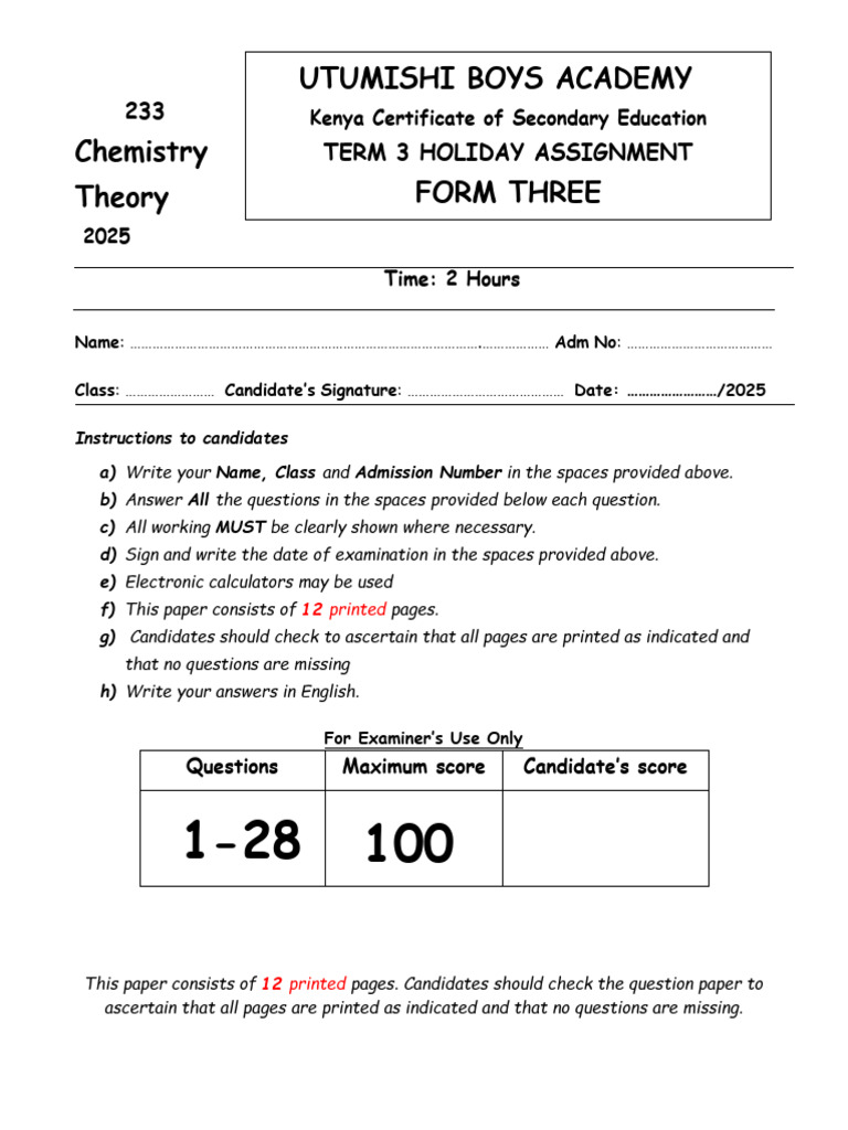 Form 3 Chem, Term 3 Holiday 2025 | PDF | Sodium Chloride | Hydrocarbons