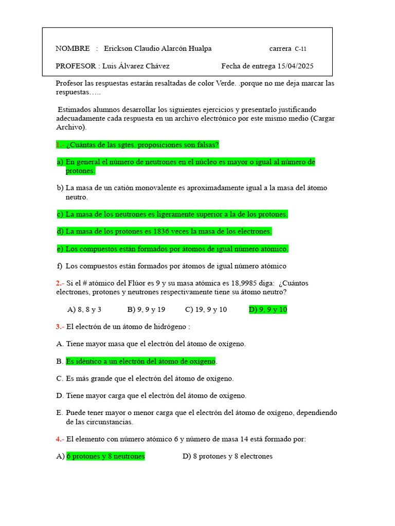 Tarea Nmro 2 de Erickson Claudio Alarcon Hualpa | PDF | Neutrón | Protón