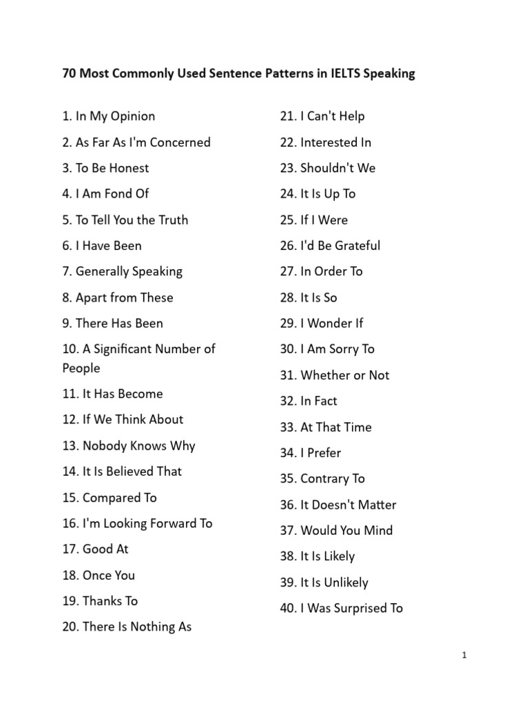 70 Most Commonly Used Sentence Patterns in IELTS Speaking Formated | PDF