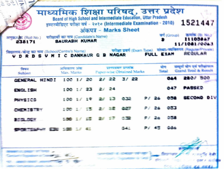 UP Intermediate Examination Marks Sheet | PDF