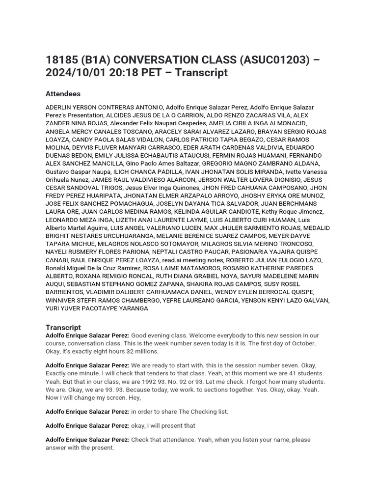 Conversation Class Transcript - Oct 2024 | PDF | Nonverbal ...