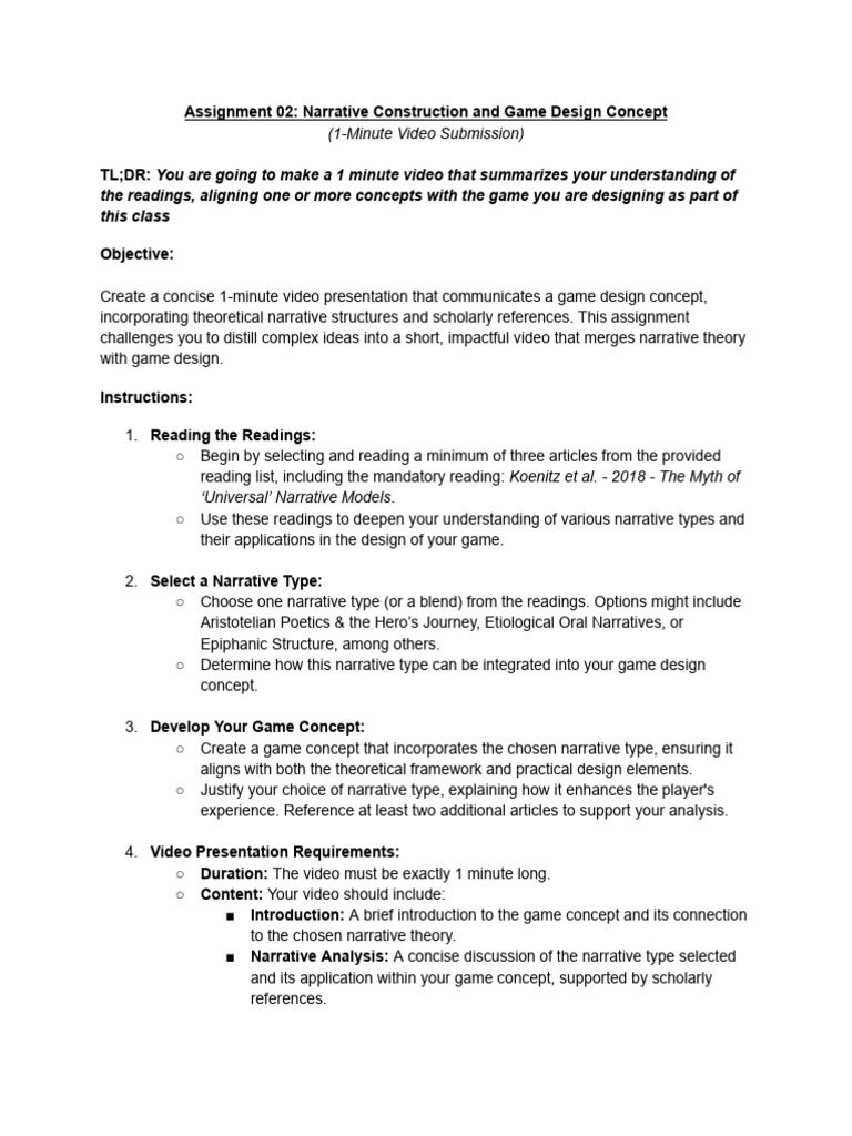 Game Design Narrative Video Assignment | PDF | Narrative | Concept