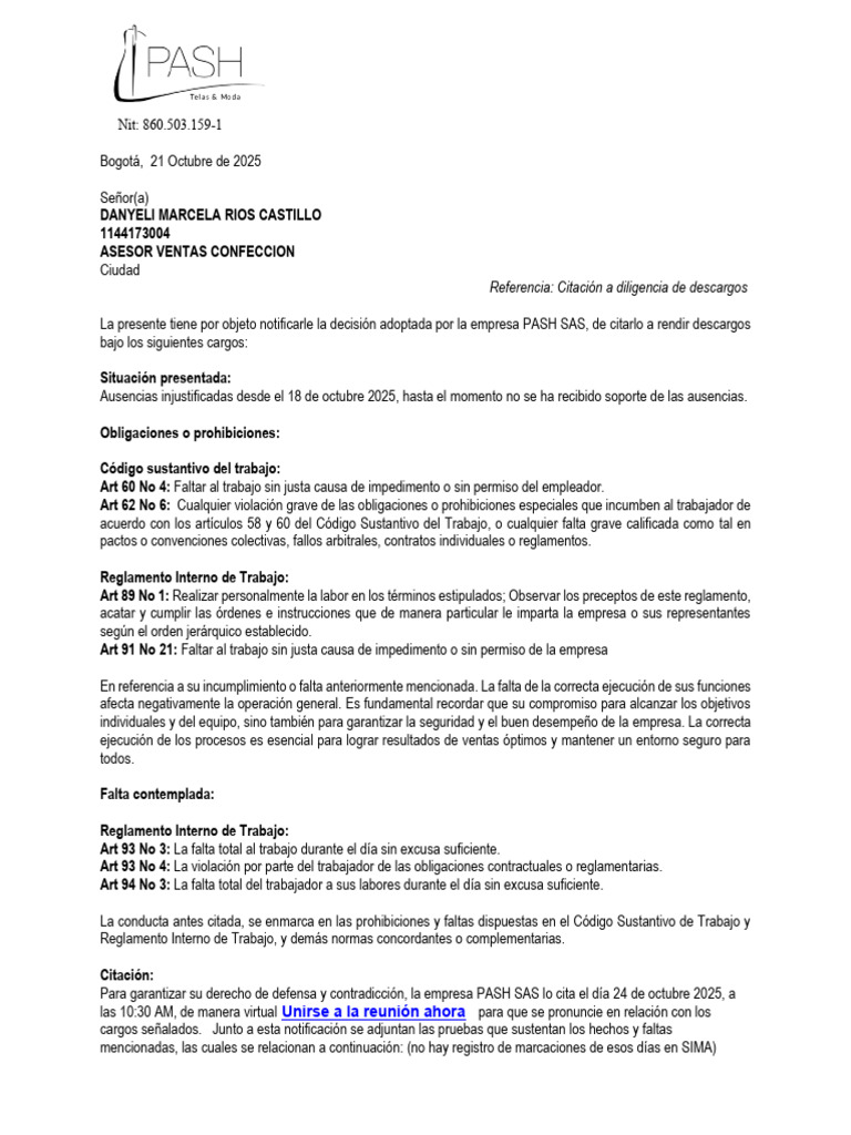 Citación A Descargos - Danyeli Marcela Rios Castillo | PDF | Justicia ...
