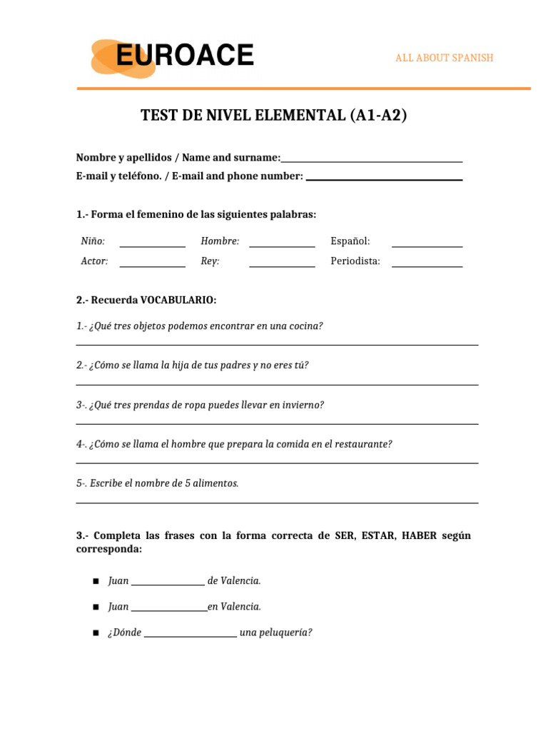 A1-A2 Spanish Level Test | PDF | Plural | Lingüística