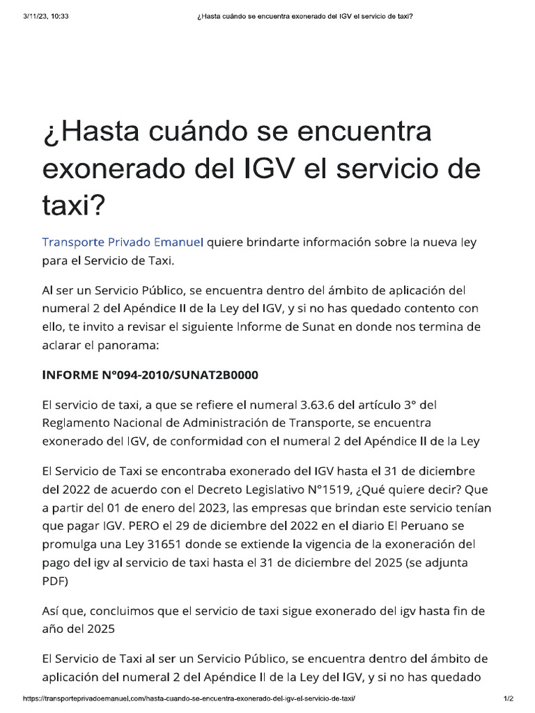 ¿Hasta Cuándo Se Encuentra Exonerado Del IGV El Servicio de Taxi | PDF