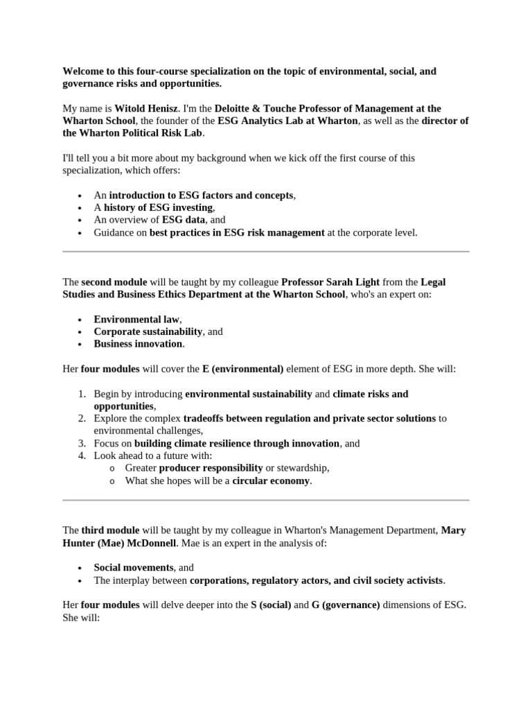 1-ESG Specialization Introduction | PDF | Risk | Business