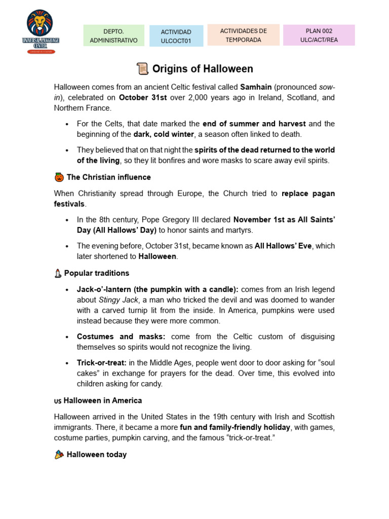 Ulcoct001 - Origings of Halloween | PDF | Halloween | Traditions