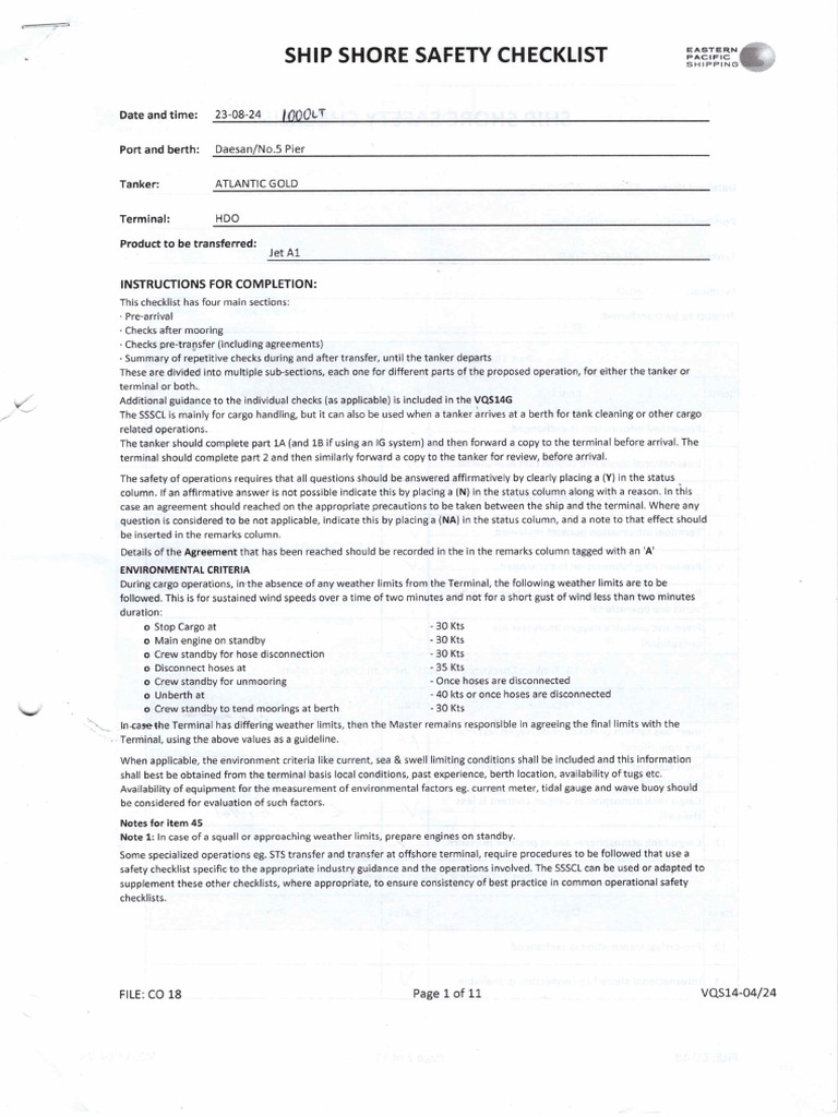 Ship Shore Safety Checklist 23-08-2024 | PDF