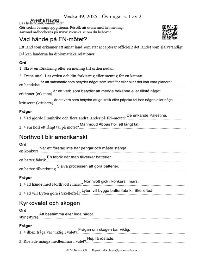 Övningar Nyhetssidan-2025-Vecka 39 | PDF