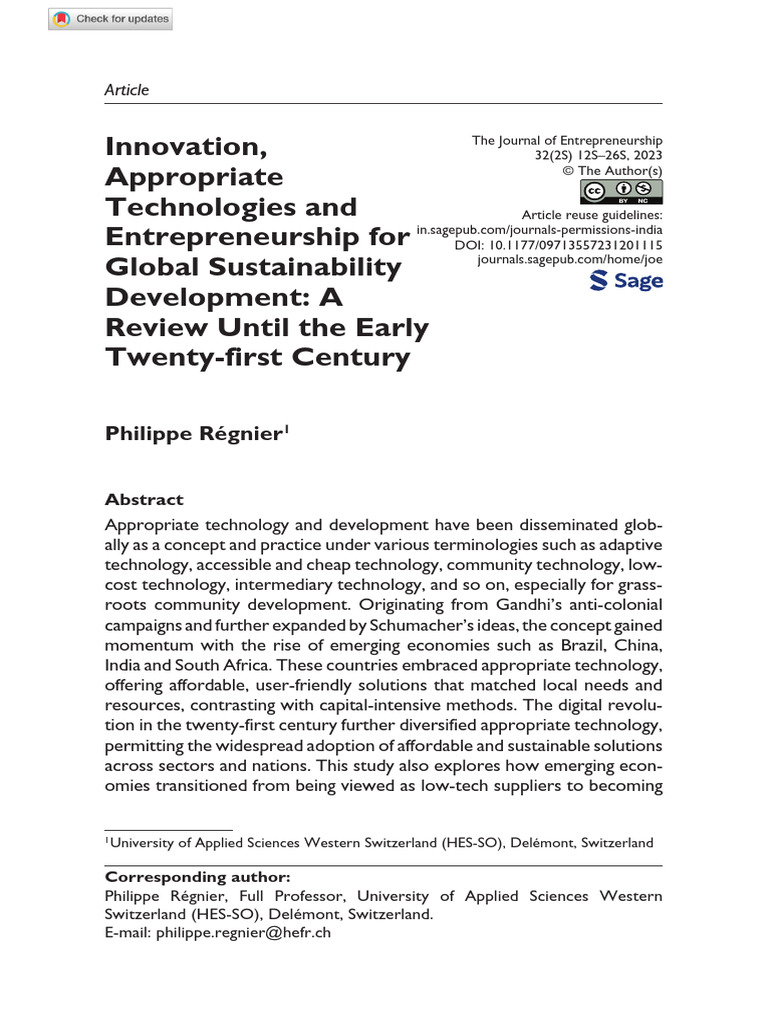 Innovation, Appropriate Technologies and Entrepreneurship For Global ...
