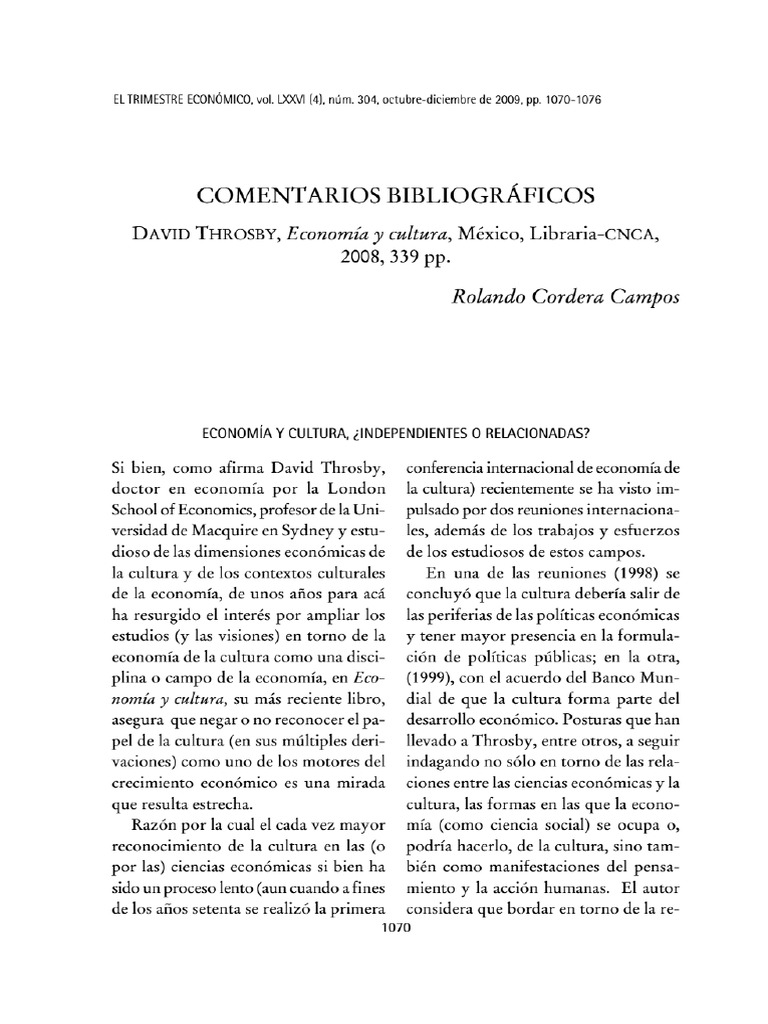 Vista de David Throsby, Economía y Cultura, México, Libraria-CNCA, 2008 ...