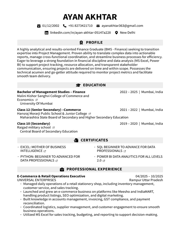 Ayan Akhtar Project Management Resume | PDF | Business | Economies