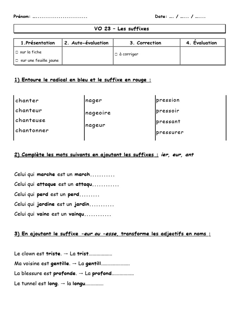 Suffixes : Exercices et Évaluations | PDF