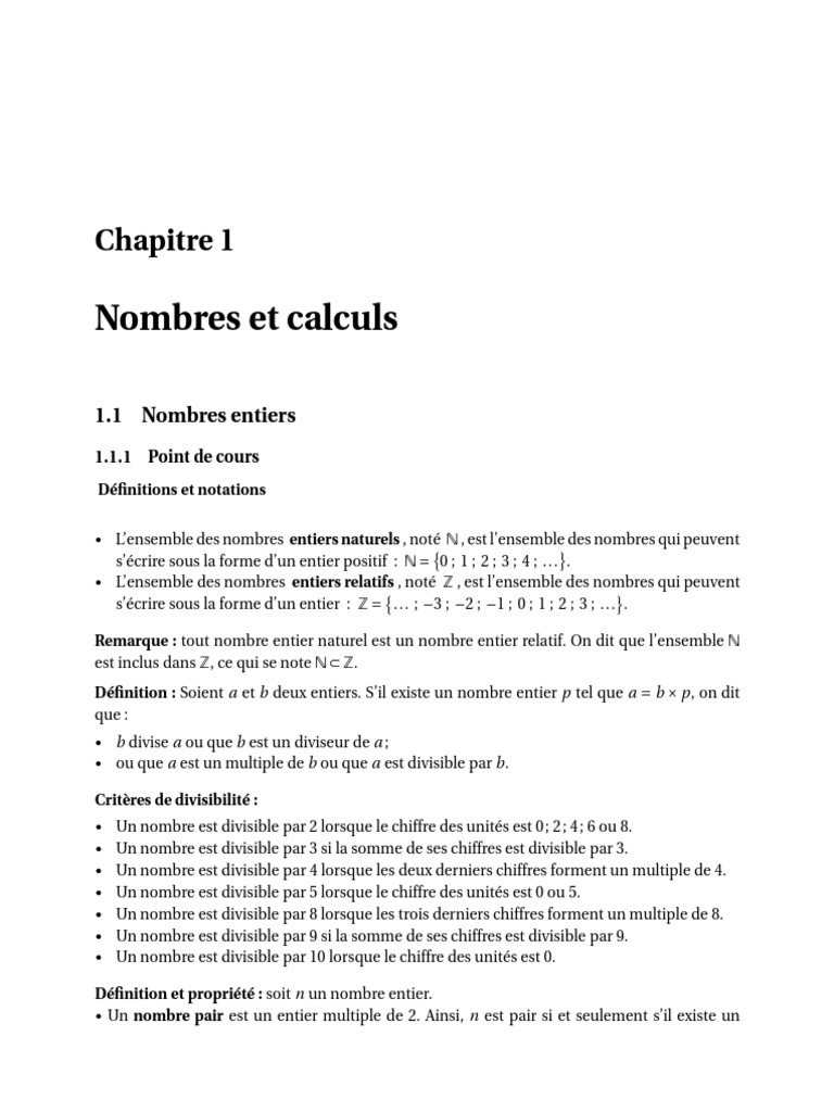 Nombres et calculs : définitions et exercices | PDF | Nombre | Entier ...