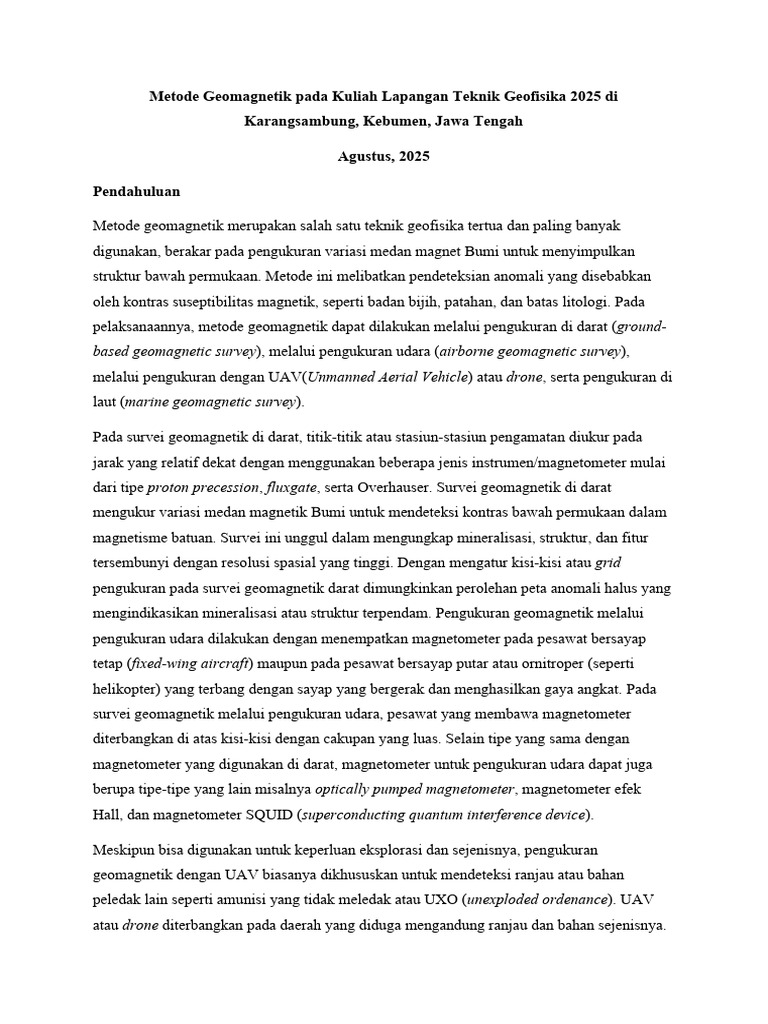 Metode Geomagnetik Pada Kuliah Lapangan Teknik Geofisika | PDF