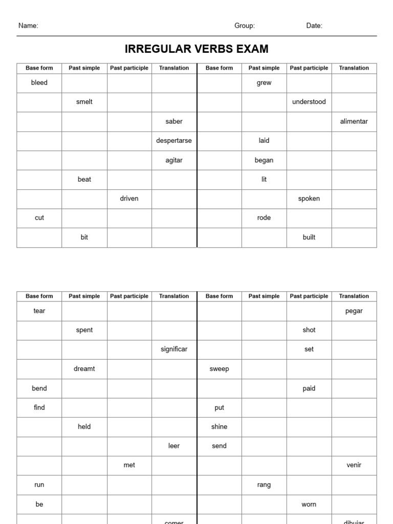 Irregular Verbs Exam Guide | PDF | Language Mechanics | Linguistic ...