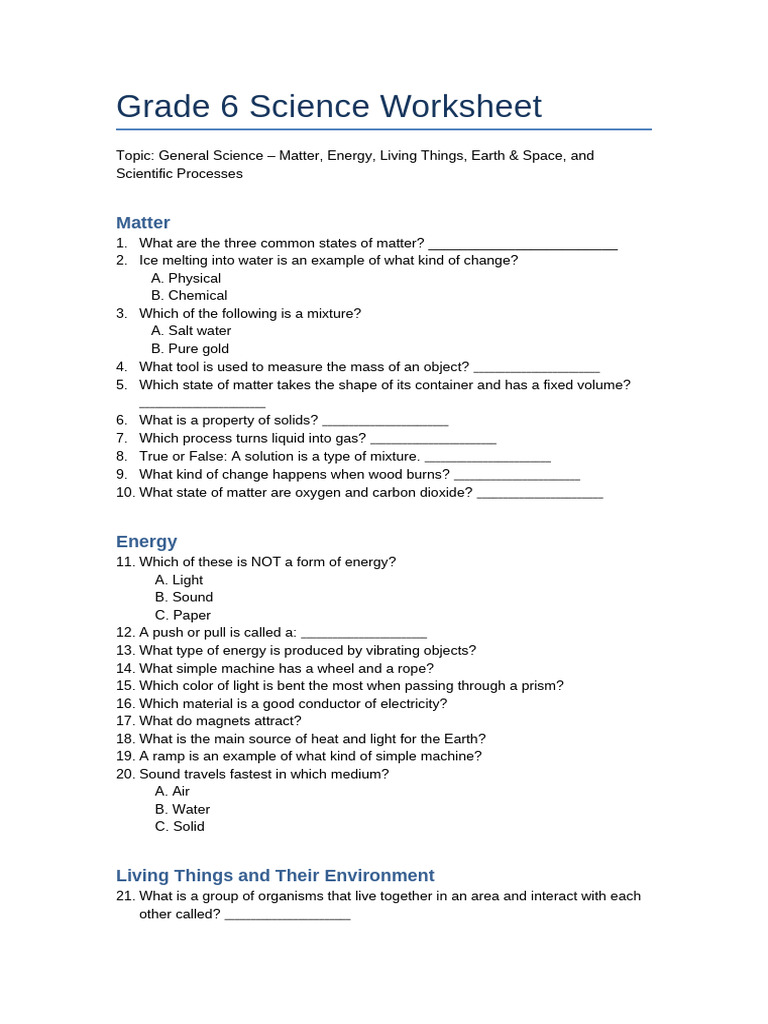 Grade 6 Science Worksheet | PDF | Water | Matter