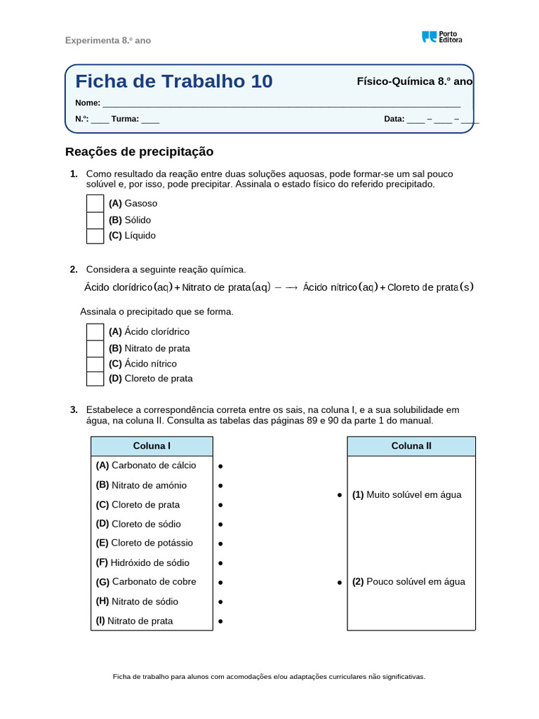 Cópia de Exp8 - Ficha - Trabalho - 10 | PDF | Sal (Química) | Solubilidade