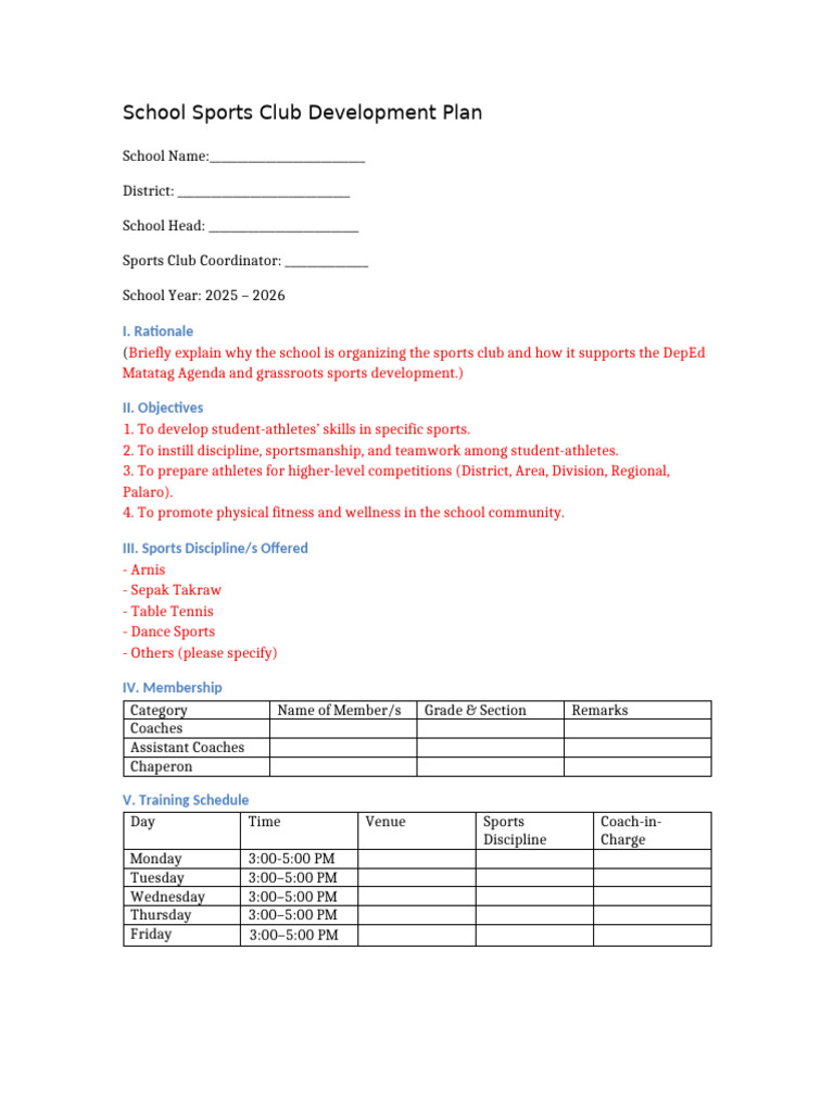 School Sports Club Development Plan 2025 | PDF