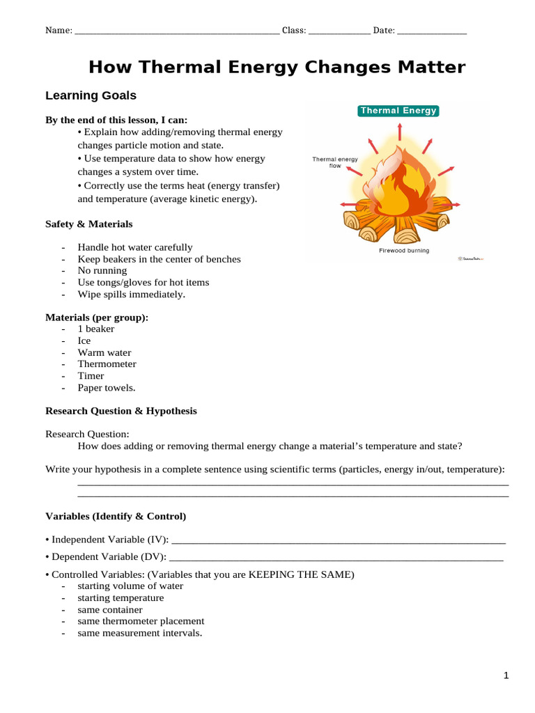 Thermal Energy Lab Worksheet | PDF | Temperature | Heat