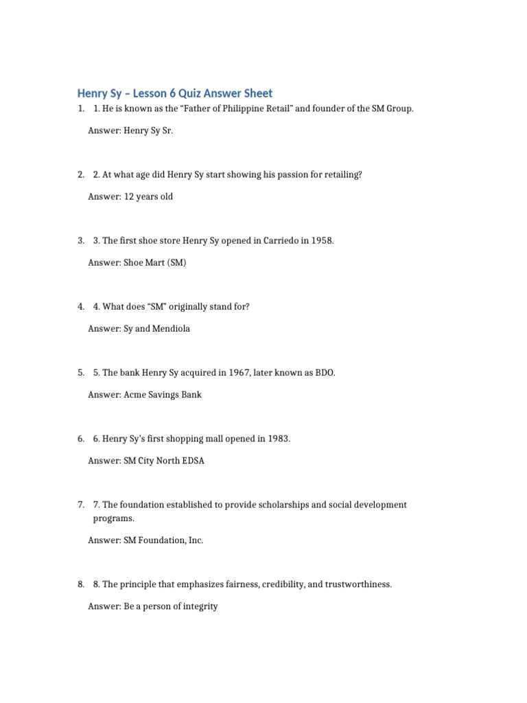 Henry Sy Quiz Answer Key | PDF